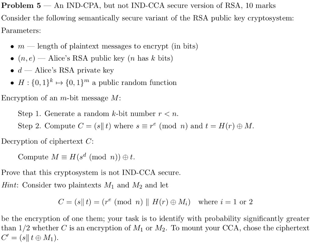 Problem 5 _ An IND-CPA, but not IND-CCA secure | Chegg.com