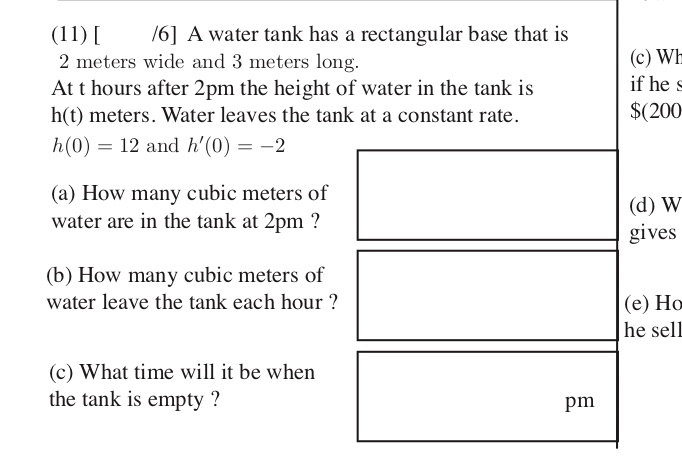 Solved (11) 6] A water tank has a rectangular base that is 2 | Chegg.com