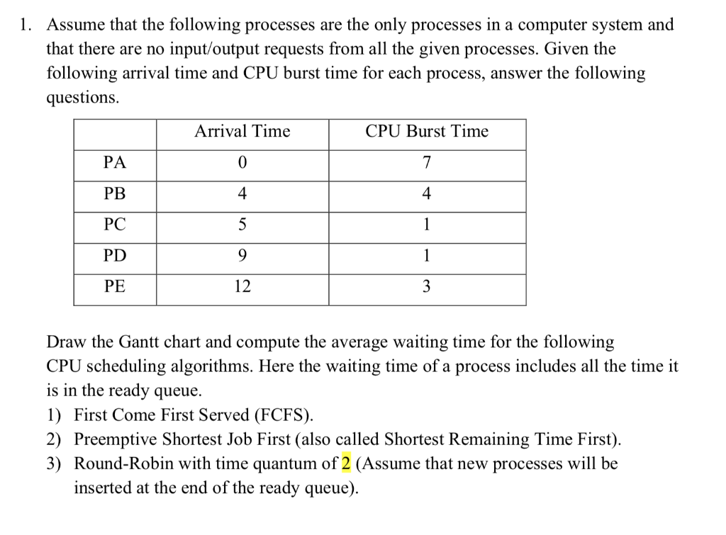 Solved 1. Assume that the following processes are the only | Chegg.com