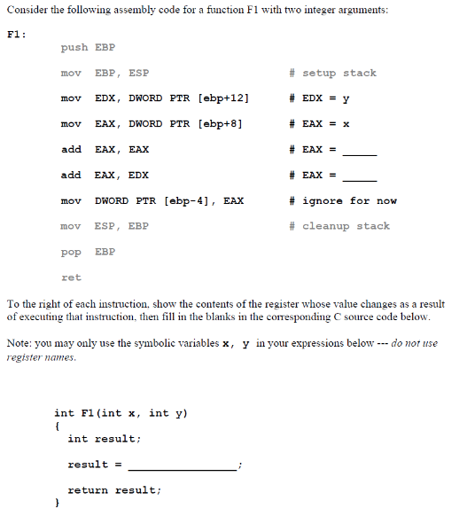 Solved Consider the following assembly code for a function | Chegg.com