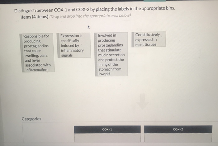 Solved Distinguish between COX-1 and COX-2 by placing the | Chegg.com