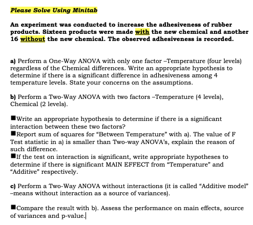 Solved Please Solve Using Minitab An experiment was | Chegg.com