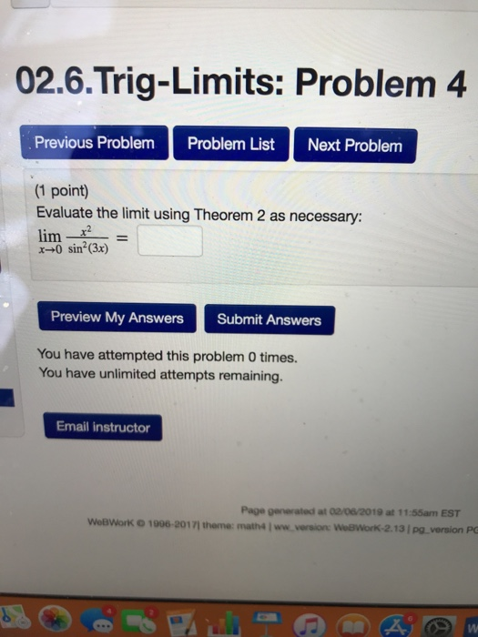 Solved 02.6.Trig-Limits: Problem 1 Previous Problem Problem | Chegg.com