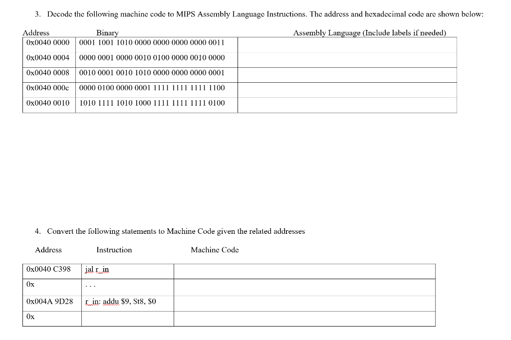 Solved 3. Decode the following machine code to MIPS Assembly | Chegg.com