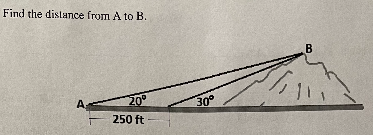 Solved Find the distance from A to B. B ill A 20° 30° 250 ft | Chegg.com