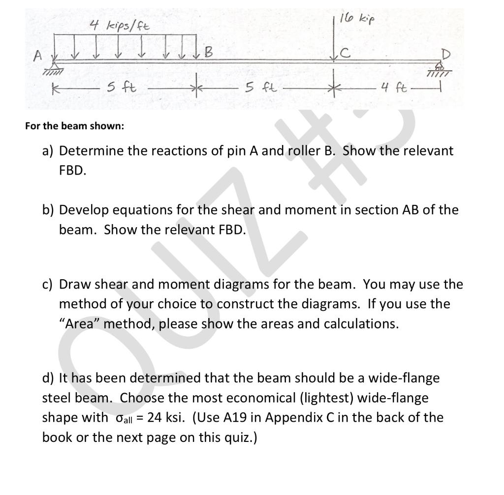 Solved 16 kip 4 kips/ft 0 А K 5 ft * 5 ft 4 ft For the beam | Chegg.com