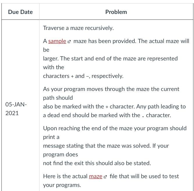 Solved Due Date Problem Traverse a maze recursively. A | Chegg.com