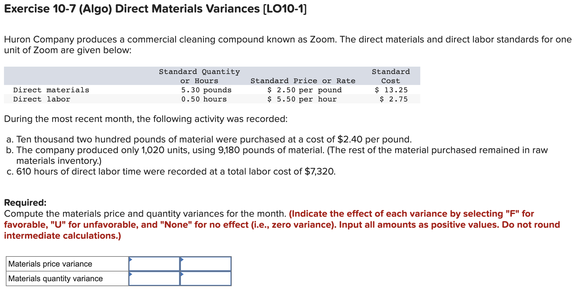 Solved Exercise 10-7 (Algo) Direct Materials Variances | Chegg.com