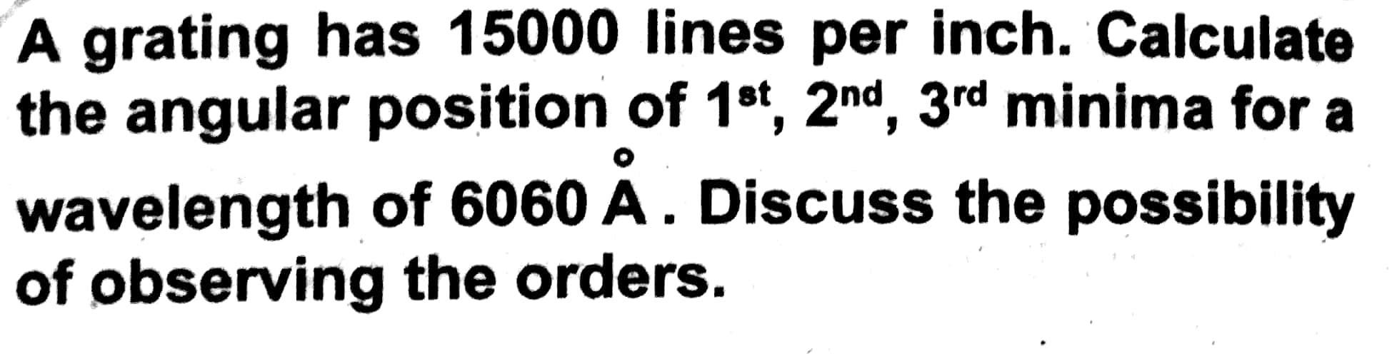 Solved A grating has 15000 lines per inch. Calculate the | Chegg.com