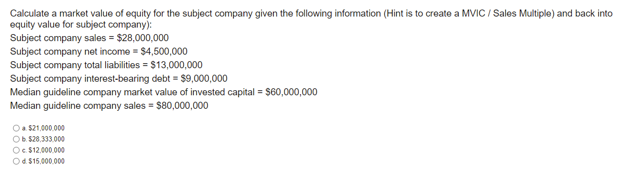 Solved Calculate a market value of equity for the subject | Chegg.com
