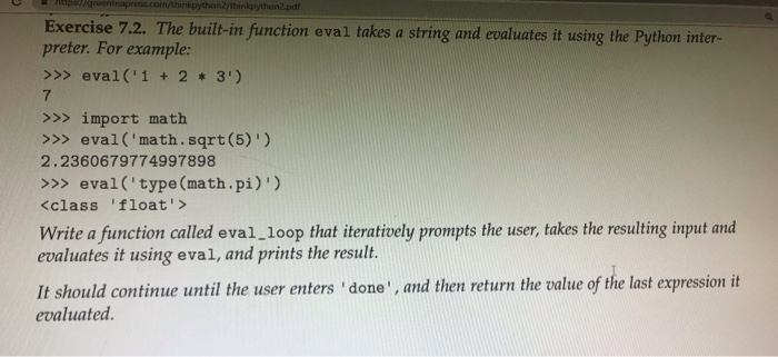 Solved /thinkpython2/thinkpython2 pd xercise 7.2. The | Chegg.com