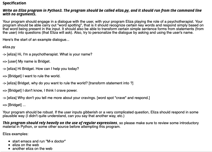 Write an Eliza program in Python3. The program should | Chegg.com