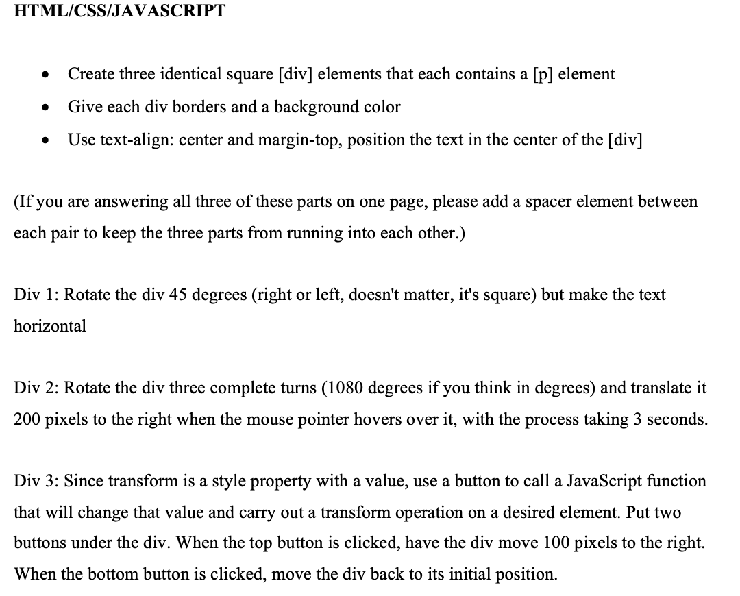 Solved HTML/CSS/JAVASCRIPT . . Create three identical square | Chegg.com