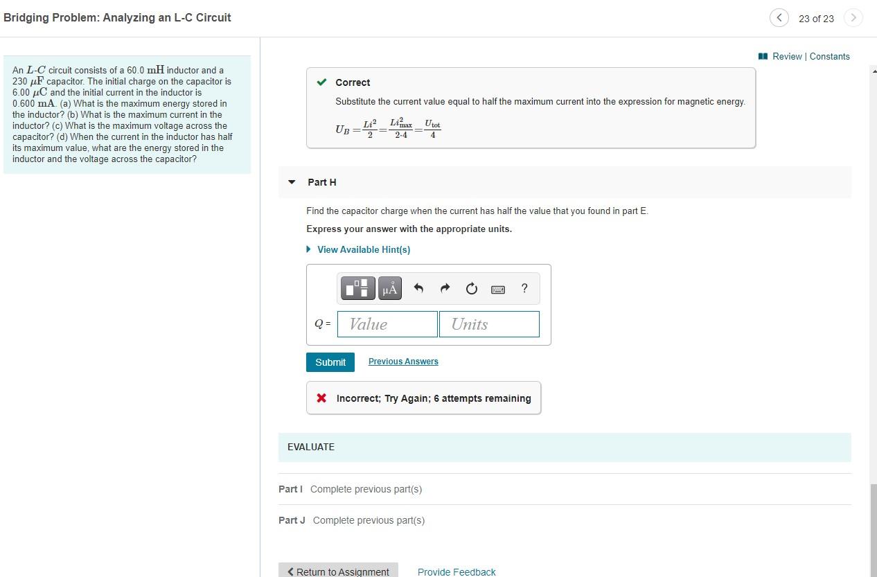 Solved Bridging Problem: Analyzing an L-C Circuit 23 of 23 A | Chegg.com