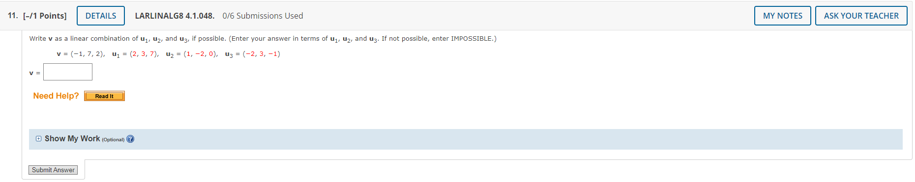Solved Write v as a linear combination of u1,u2, and u3, if | Chegg.com