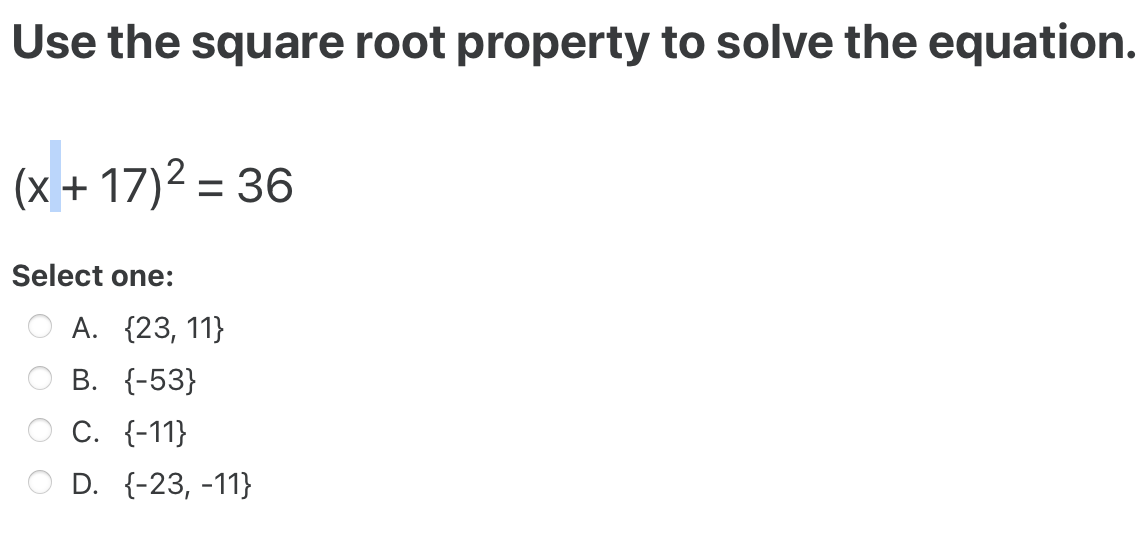 Solved Use the square root property to solve the equation | Chegg.com