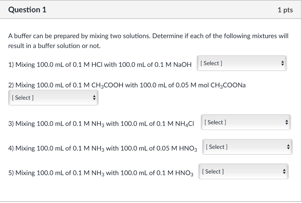 Solved Question 1 1 pts A buffer can be prepared by mixing | Chegg.com