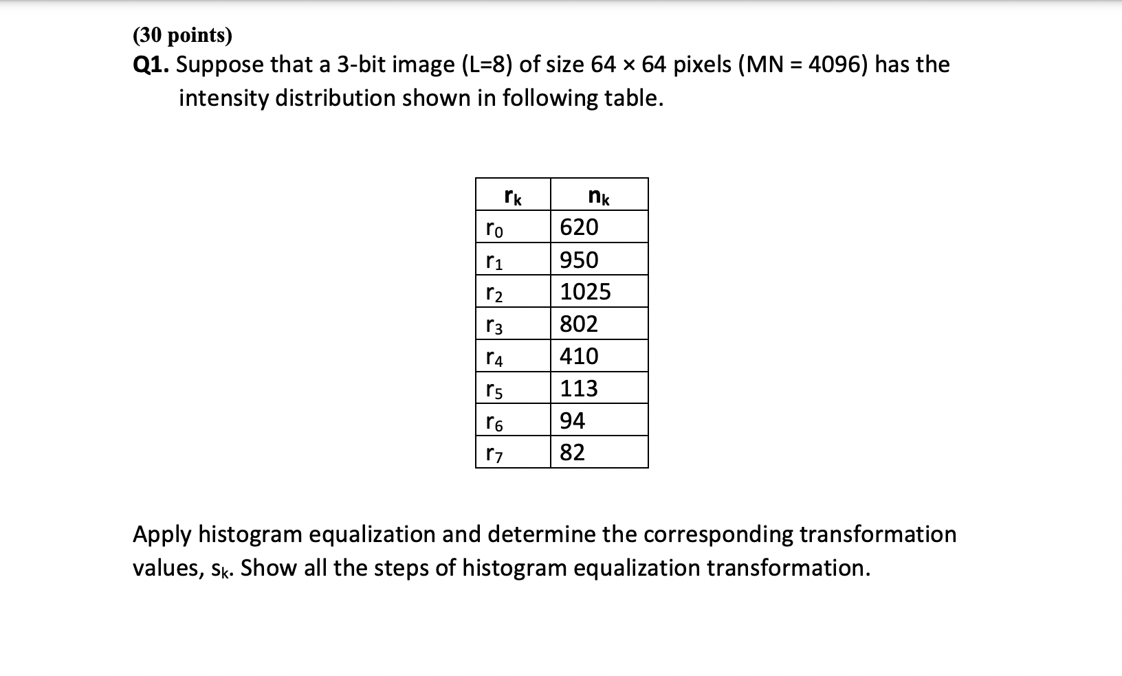 Solved = (30 points) Q1. Suppose that a 3-bit image (L=8) of | Chegg.com