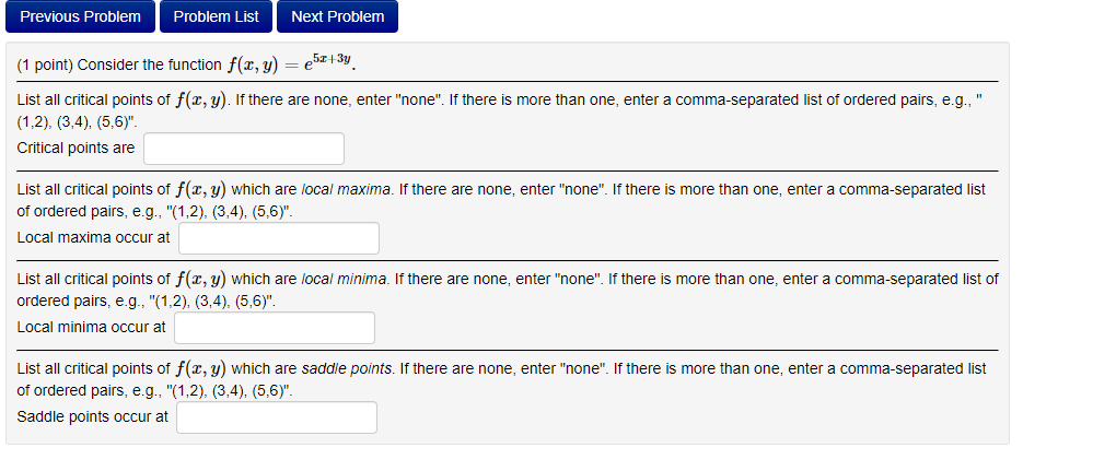 Solved (1 point) Consider the function f(x,y)=e5x+3y List | Chegg.com
