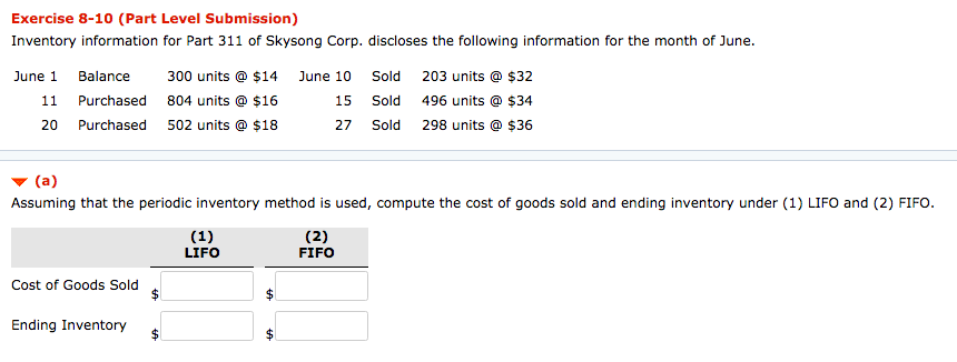 Solved Exercise 8-10 (Part Level Submission) Inventory | Chegg.com