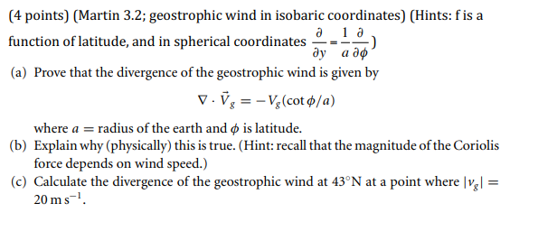 (4 points) (Martin 3.2; geostrophic wind in isobaric | Chegg.com