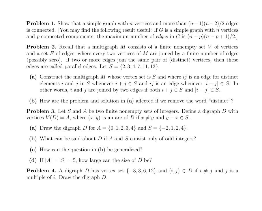 Problem 1. Show that a simple graph with n vertices | Chegg.com