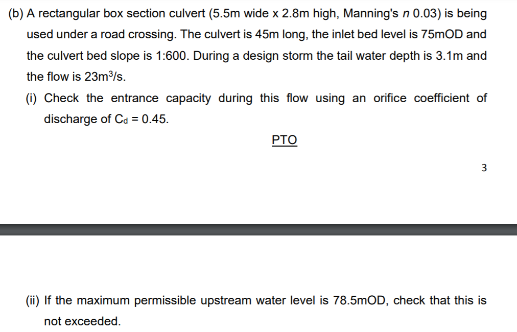 Solved (b) A rectangular box section culvert (5.5m wide x | Chegg.com