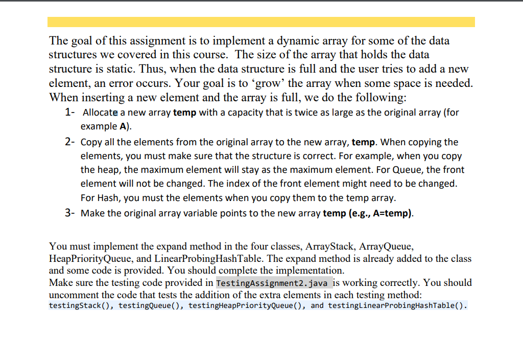 The goal of this assignment is to implement a dynamic | Chegg.com