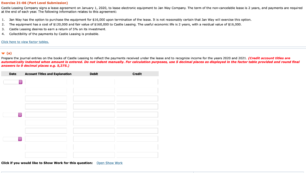 Solved Exercise 21-06 (Part Level Submission) Castle Leasing | Chegg.com