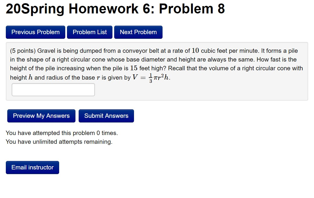 Solved 20Spring Homework 6: Problem 8 Previous Problem | Chegg.com