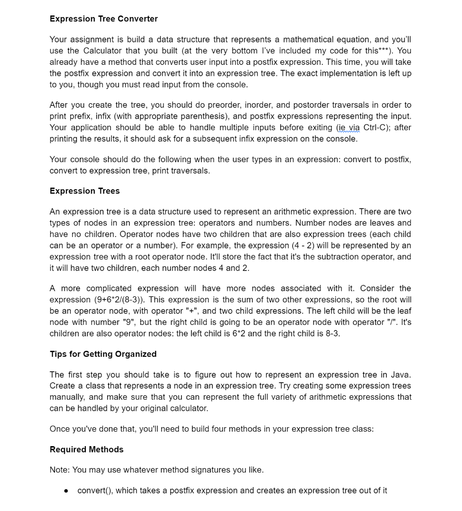 Solved Expression Tree Converter Your assignment is build a | Chegg.com