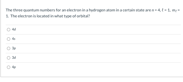 Solved The three quantum numbers for an electron in a | Chegg.com