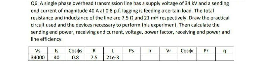Solved Q6. A single phase overhead transmission line has a | Chegg.com
