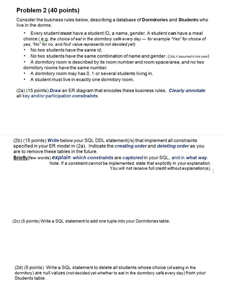 Solved Problem 2 (40 points) Consider the business rules | Chegg.com