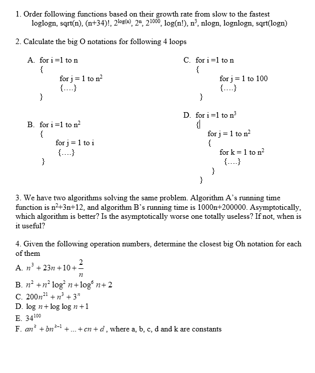 Solved 1. Order following functions based on their growth | Chegg.com