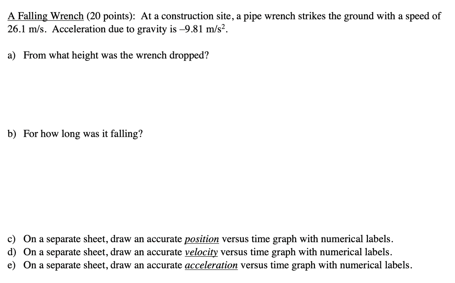Solved A Falling Wrench (20 points): At a construction site, | Chegg.com