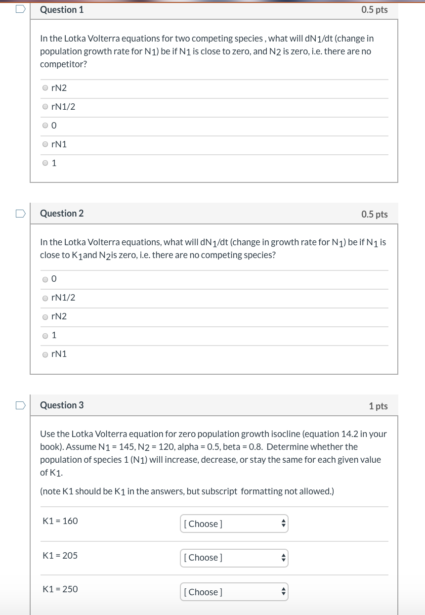 Solved Question 1 0.5 pts In the Lotka Volterra equations | Chegg.com