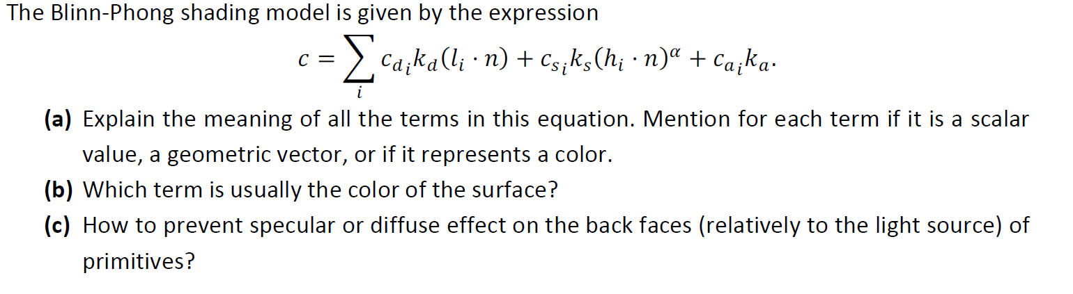 Solved The Blinn-Phong shading model is given by the | Chegg.com