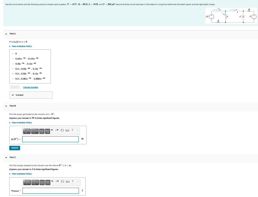 Solved C=250μFPart A Find tL(t) for t≥0. Vew Avallabla | Chegg.com