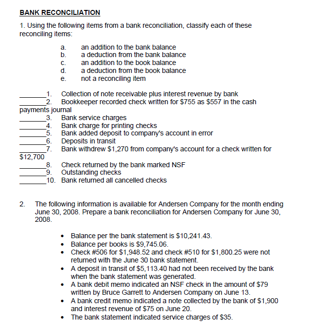 Solved BANK RECONCILIATION 1. Using the following items from | Chegg.com