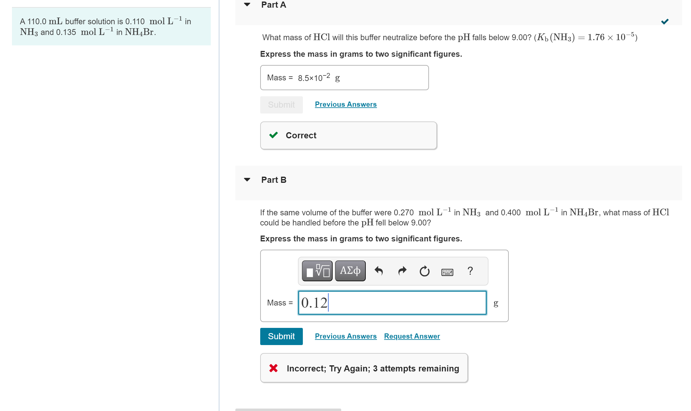 Solved A 110.0 mL buffer solution is 0.110 mol L−1 in NH3 | Chegg.com