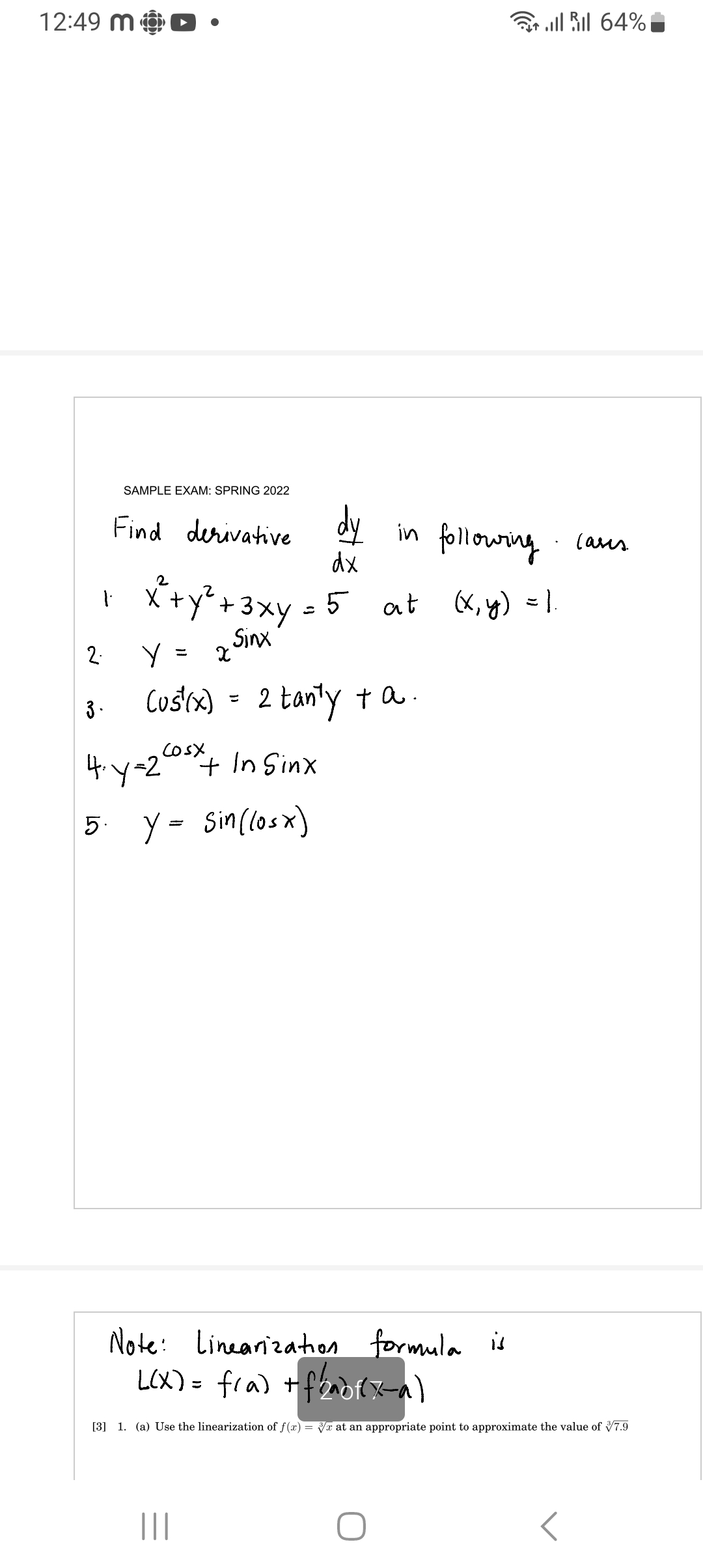 Solved SAMPLE EXAM: SPRING 2022Find derivative dydx ﻿in | Chegg.com
