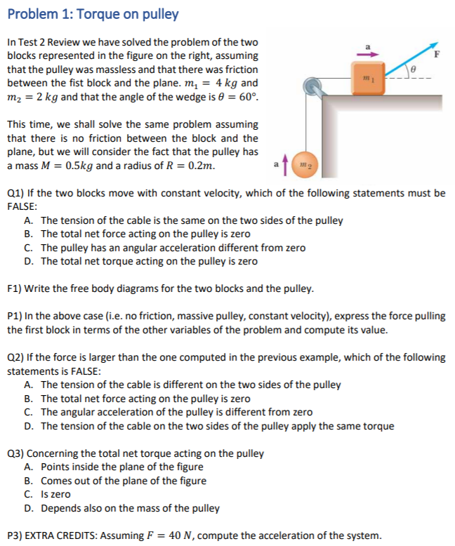 Solved Problem 1: Torque on pulley In Test 2 Review we have | Chegg.com
