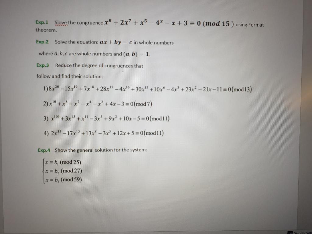 Solved Exp.1 Slove the congruence x8+2x7+x5−4x−x+3≡0(mod15) | Chegg.com