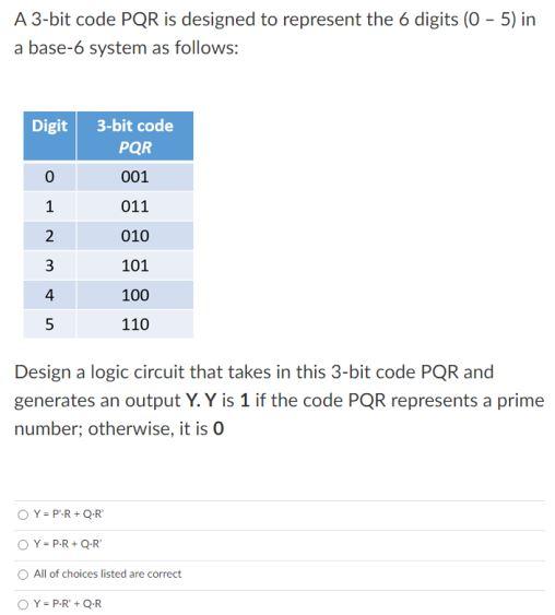 Solved A 3-bit code PQR is designed to represent the 6 | Chegg.com