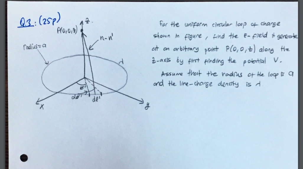 Solved Q2:(25p) P10,0,7) .non - и' radius=a for the uniform | Chegg.com