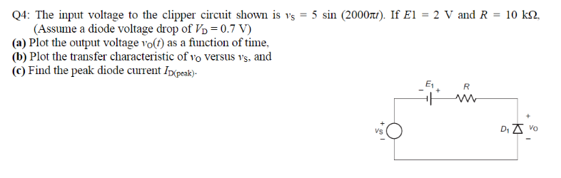 Solved Q4: The input voltage to the clipper circuit shown is | Chegg.com