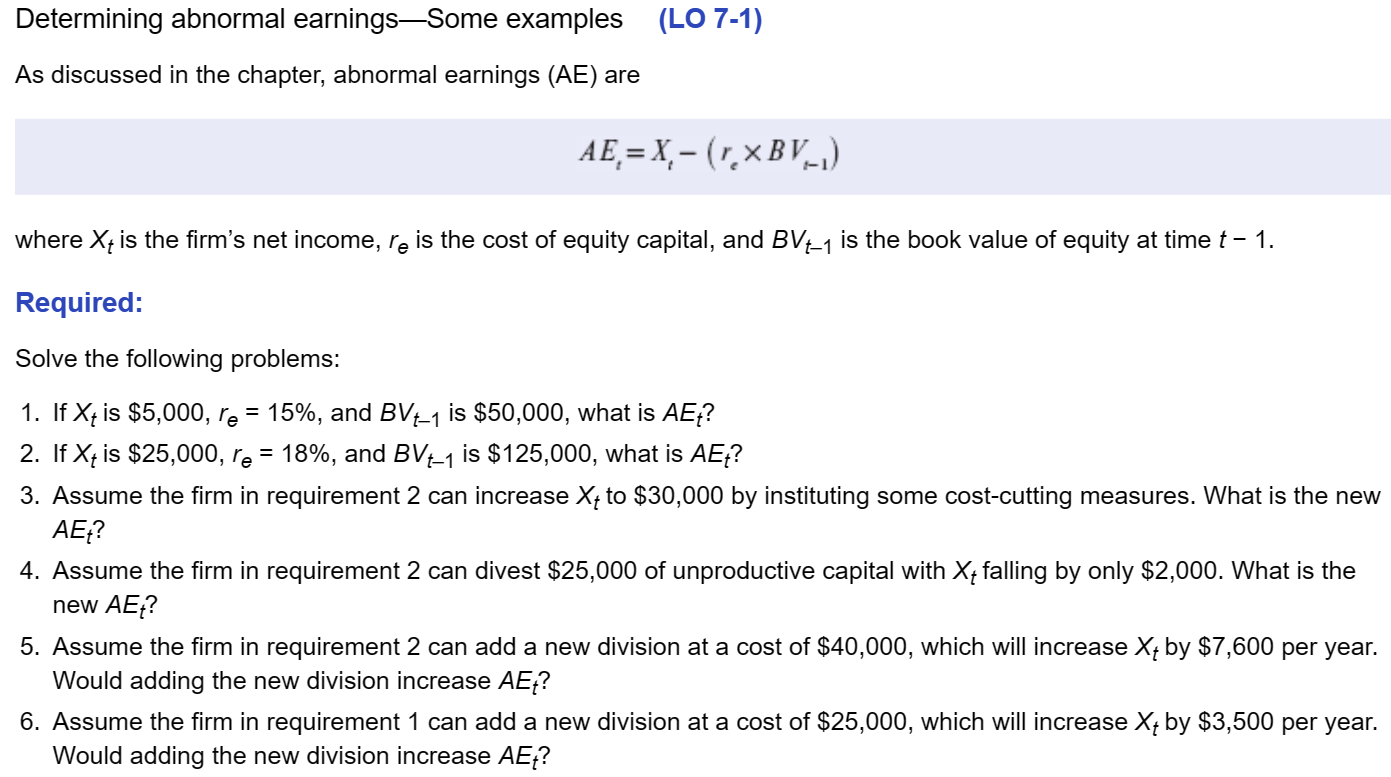 Solved Determining abnormal earnings-Some examples (LO 7-1) | Chegg.com