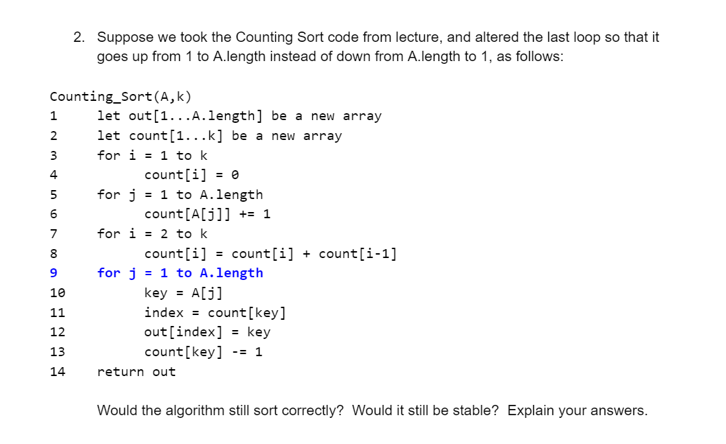 Solved 2. Suppose we took the Counting Sort code from | Chegg.com
