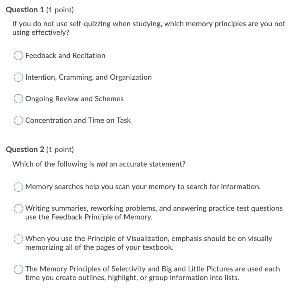 Solved Question 1 (1 point) If you do not use self-quizzing | Chegg.com